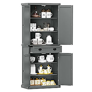 Function Home 72" Kitchen Pantry Cabinet, Tall Storage Cabinet, Freestanding Cupboard with Drawer and Adjustable Shelves, Pantry Cabinets for Kitchen Bathroom Living Room, Grey