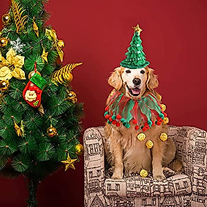 Christmas Dog Collar Hat Cat Costume 1 PCS Red Green Collar with 1 PCS Green Santa Hat Xmas Tree Headdress for Christmas Pet Decoration Holiday Dress