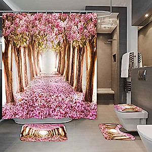 SDDSER Pink Cherry Blossom Shower Curtain Set, 4PCS Sakura Forest Bathroom Sets with Shower Curtain and Bath Mat, Toilet Lid Cover and U Shaped Rugs, 71" x 72" Bathtub Curtain with Hooks, SETPYSD7