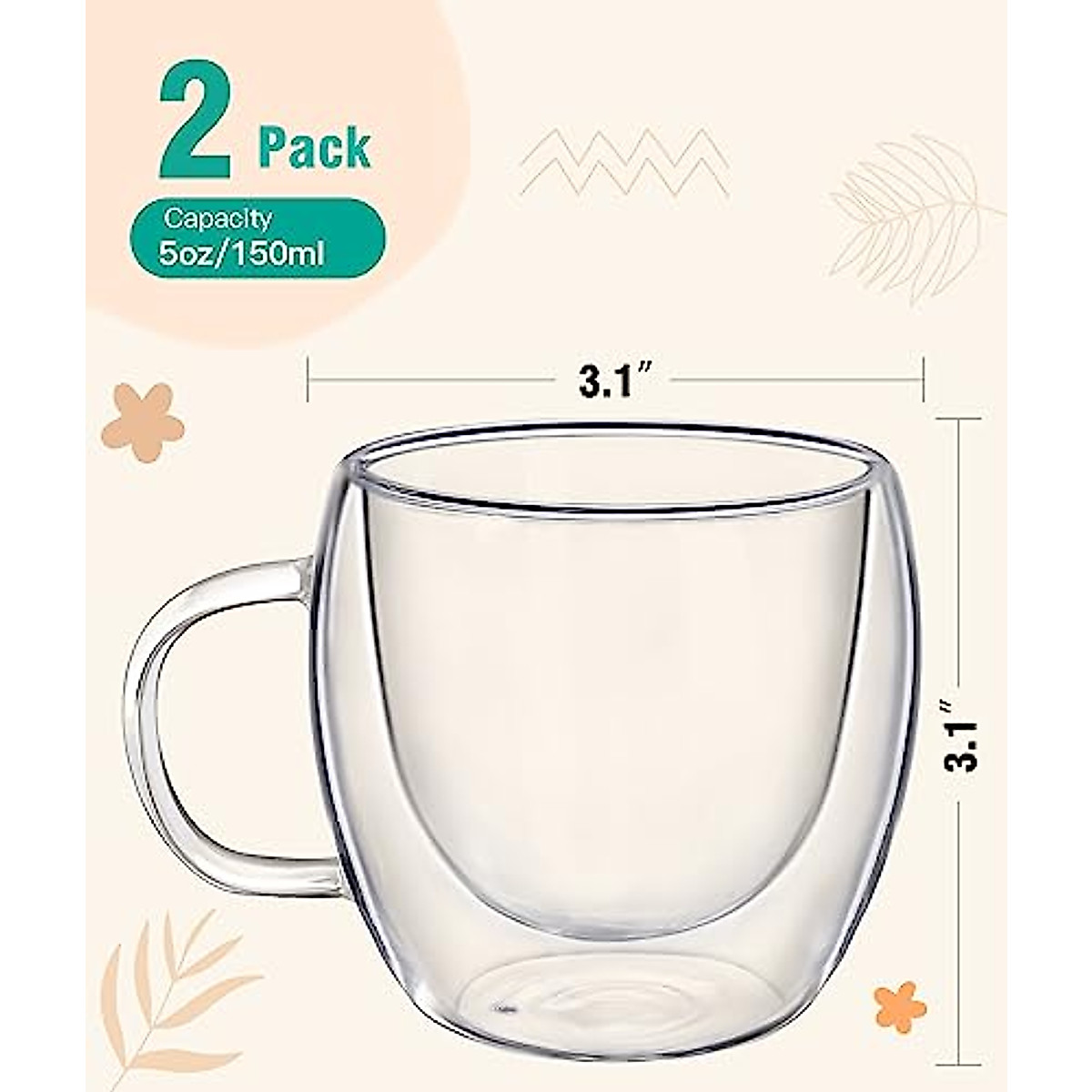 OYY 5oz Glass Coffee Mugs Set of 2, Double Wall clear Coffee Cup with Handle, Expresso Coffee glass mugs with Spoons, Insulated Coffee Glass Suit for Espresso Machine, Latte, Beverage, Tea, cappuccino
