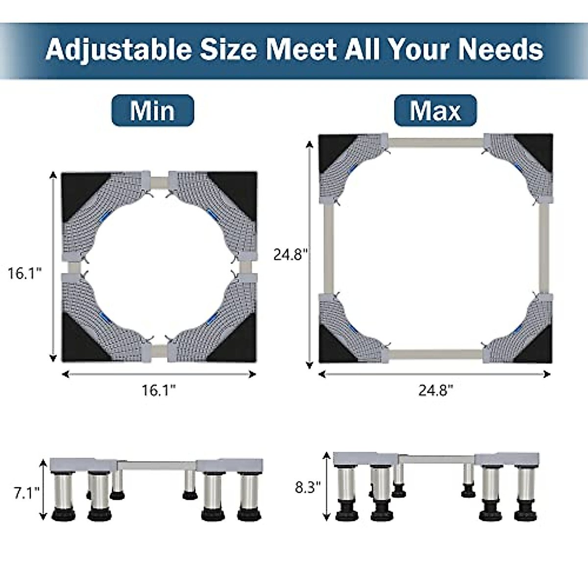 Kokorona Washing Machine Stand Mini Fridge Stand with 8 Strong Feet (7.1-8.3in High), Adjustable Refrigerator Base Multi-Functional Washer Dryer Pedestals, Max Load 440LBS