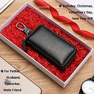 WESTONETEK Unisex Mens Womens Premium Leather Car Key Holder Bag Keychain Case Wallet with 6 Hooks Zipper Closure, Black