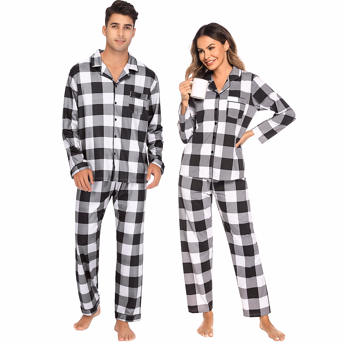 Sexqero Christmas Family Matching Pajamas Set Couples Button Down Sleepwear Loungewear Long Sleeve Plaid Pjs Lounge Set S-XXL
