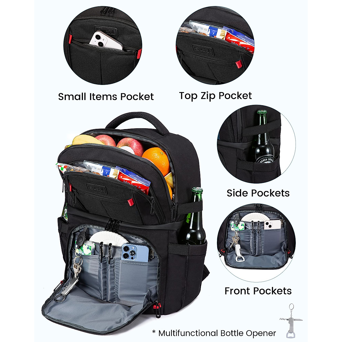 Sucipi Cooler Backpack 54 Cans, Leak-Proof Insulated Backpack with 4 Ice Packs, Double Deck Cooler Bag Up to 12 Hours,Soft Lightweight Lunch Backpack for Men Women to Work Beach Camping Picnic (Black)