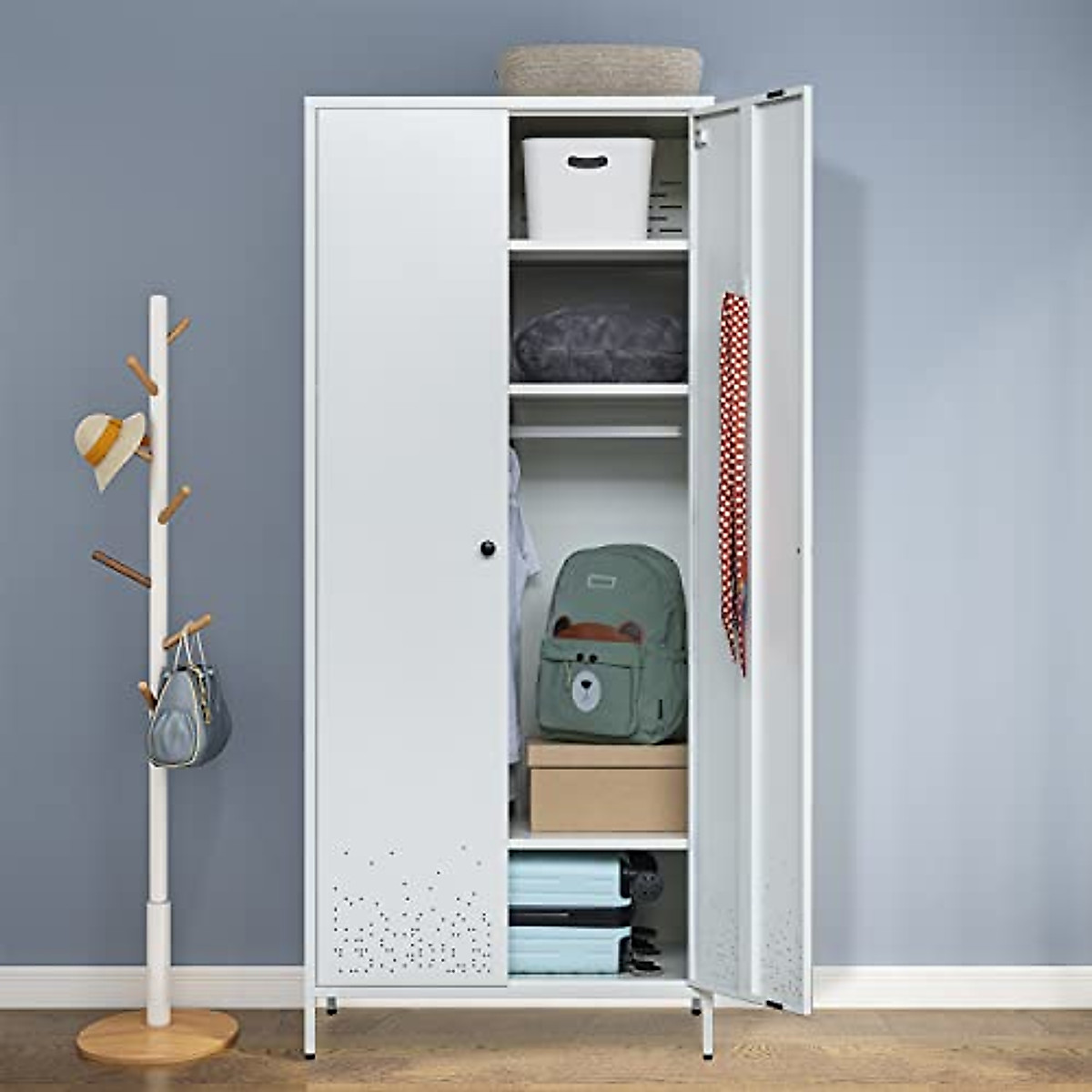 YEEZER Metal Wardrobe, Storage Cabinet with Hanging Rod，Armoire with Magnetic Door and 2 Freely Adjustable Shelves 74" H x 31.5" W x 20" D (White)
