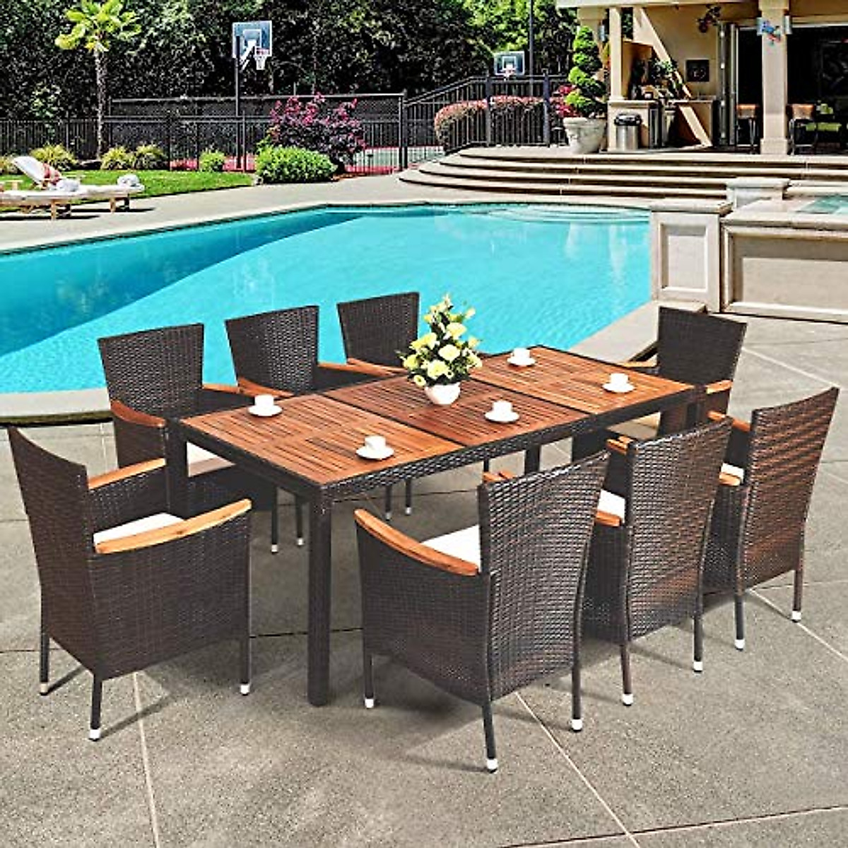 HAPPYGRILL 9 Pieces Patio Dining Set Outdoor Rattan Wicker Dining Set with Cushions, Garden Dining Table Chairs Set with Acacia Wood Table Top & Armrest