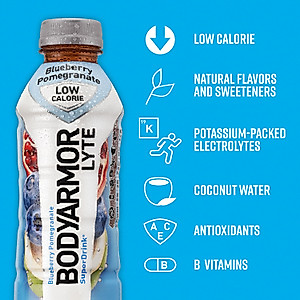 BODYARMOR LYTE Sports Drink Low-Calorie Sports Beverage, Blueberry Pomegranate, Coconut Water Hydration, Natural Flavors With Vitamins, Potassium-Packed Electrolytes, Perfect For Athletes, 16 Fl Oz (Pack of 12)