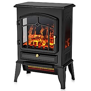 COWSAR Electric Fireplace Stove, Freestanding Fireplace Heater with Realistic Flame, 1000/1500W Fireplace Heater, Overheating Safety Device, Thermostat, Adjustable Flame Brightness