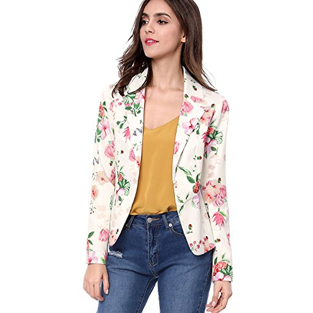 Allegra K Women's Open Front Notch Lapel Printed Business Casual Suit Blazer Jacket Medium White-Floral