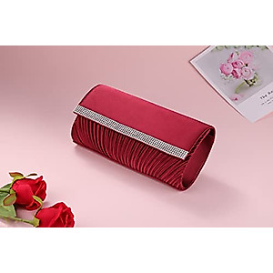 ERIJUNOR E660 Classic Pleated Satin Evening Bags Rhinestone Clutch Purses Party Prom Wedding Crossbody Handbags For Women Burgundy