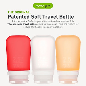 humangear GoToob+ 3-Pack (Medium) | Refillable Silicone Travel Bottle | Locking Lid | Food-Safe Material, Clear/Red/Orange, Medium (2.5 fl.oz.; 74ml)