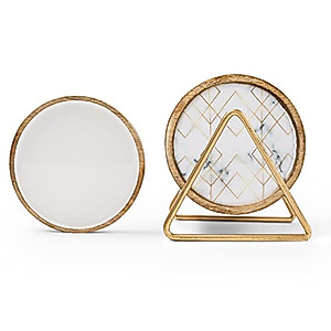 Wooden-Coasters-for-Drinks. Absorbent Wood Coaster Set of 6 with Holder. 4" Wide & 0.5" deep, Mango Wood - Coasters for Coffee Table Decor in White & Gold. Great as a Trinket Tray by Willow and Moore