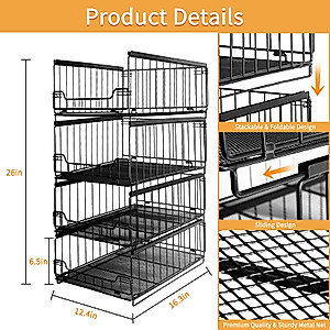 ADFOLEX Closet Organizer Storage Drawers for Clothes, Stackable Metal Storage Bins, Sliding Closet Organizers and Storage Shelves, Closet Wardrobe for Folded Clothes Jeans Pants (Black-4PCS)