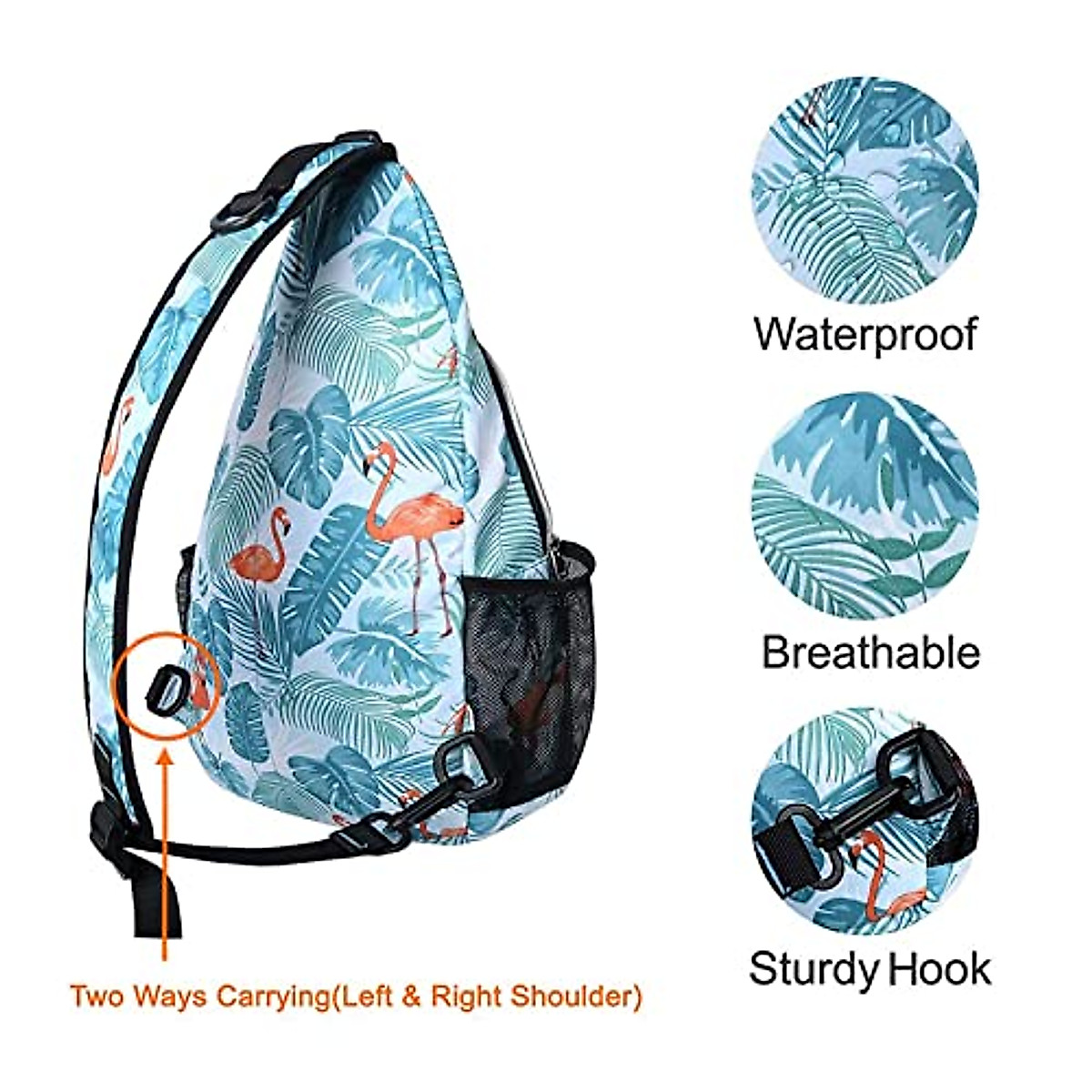 MOSISO Sling Backpack,Travel Hiking Daypack Pattern Rope Crossbody Shoulder Bag, Flamingo&Spacewalking Astronauts