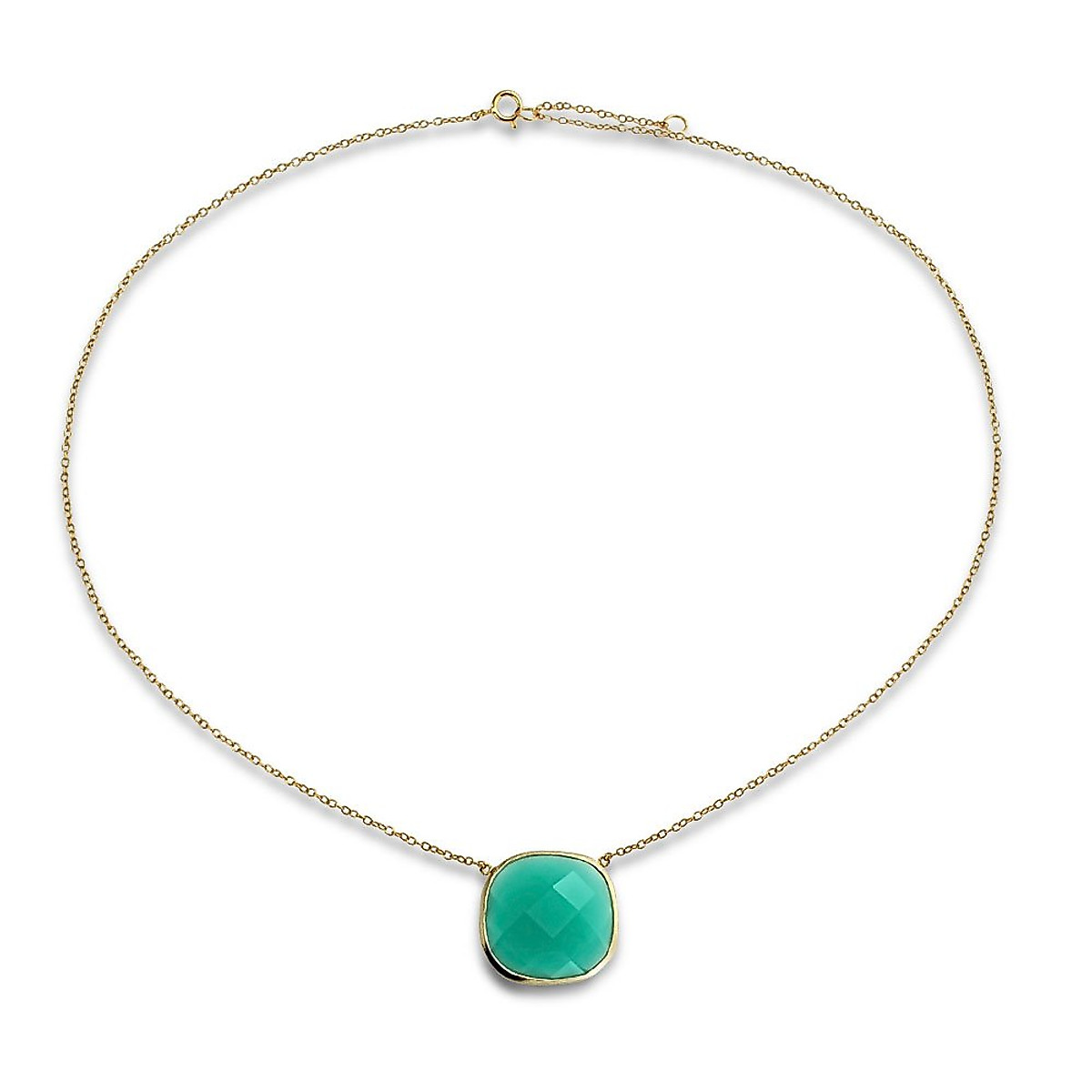 Exquisite Teal Blue-Green Faceted Stone Pendant Necklace for Women - Simulated Chalcedony Quartz, Bezel Setting, 14K Gold-Plated .925 Sterling Silver - Timeless Elegance