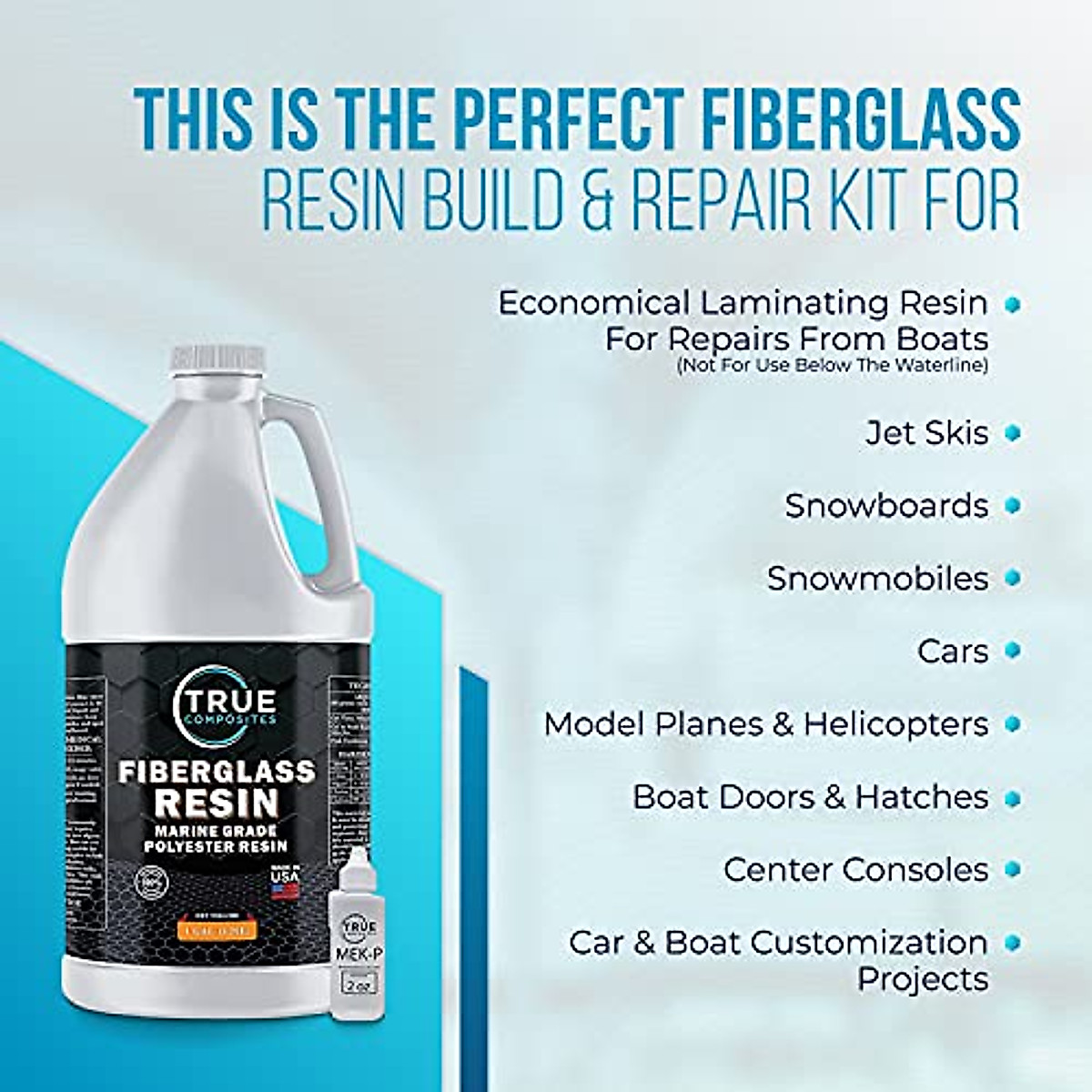 True Composites Fiberglass Resin Polyester Resin Marine Grade Resin 1 Gallon with MEKP Hardener Polymer Resin Fiberglass Repair Kit Laminating Resin for Wood Boat Building and Repair