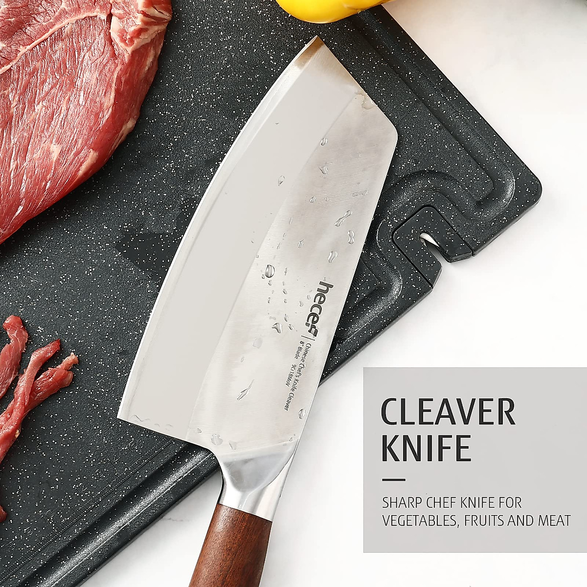 hecef 8 Inch Chinese Cleaver Kitchen Knife, Vegetable Meat Cleaver Chef’s Knife Made of High Carbon Steel & Ergonomic Cuibourtia Handle, Sharp Kitchen Cutlery for Home & Restaurant with Gift Box