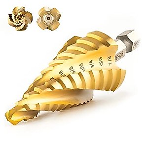 toolant Four Sprial Flute Step Drill Bit, 3/16"-7/8" Impact Ready Titanium Coated Unibit Step Bit, 1/4" Hex Shank Unibit for Metal, Stainless Steel, Aluminum, Wood, Plastic