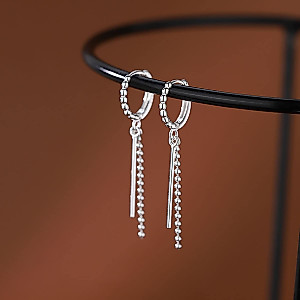 SLUYNZ 925 Sterling Silver Bead Ball Hoop Earrings for Women Teen Girls Minimalist Bar Hoop Earrings Dangle (A-Silver)