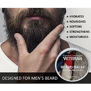 NATURAL AMERICAN VETERAN Beard Balm – 100% All Natural, Masculine Scent, Essential Oils with Organic Shea Butter – Moisturizes, Softens & Strengthens - Made in USA – Conditioning Beard Balm, 2 oz