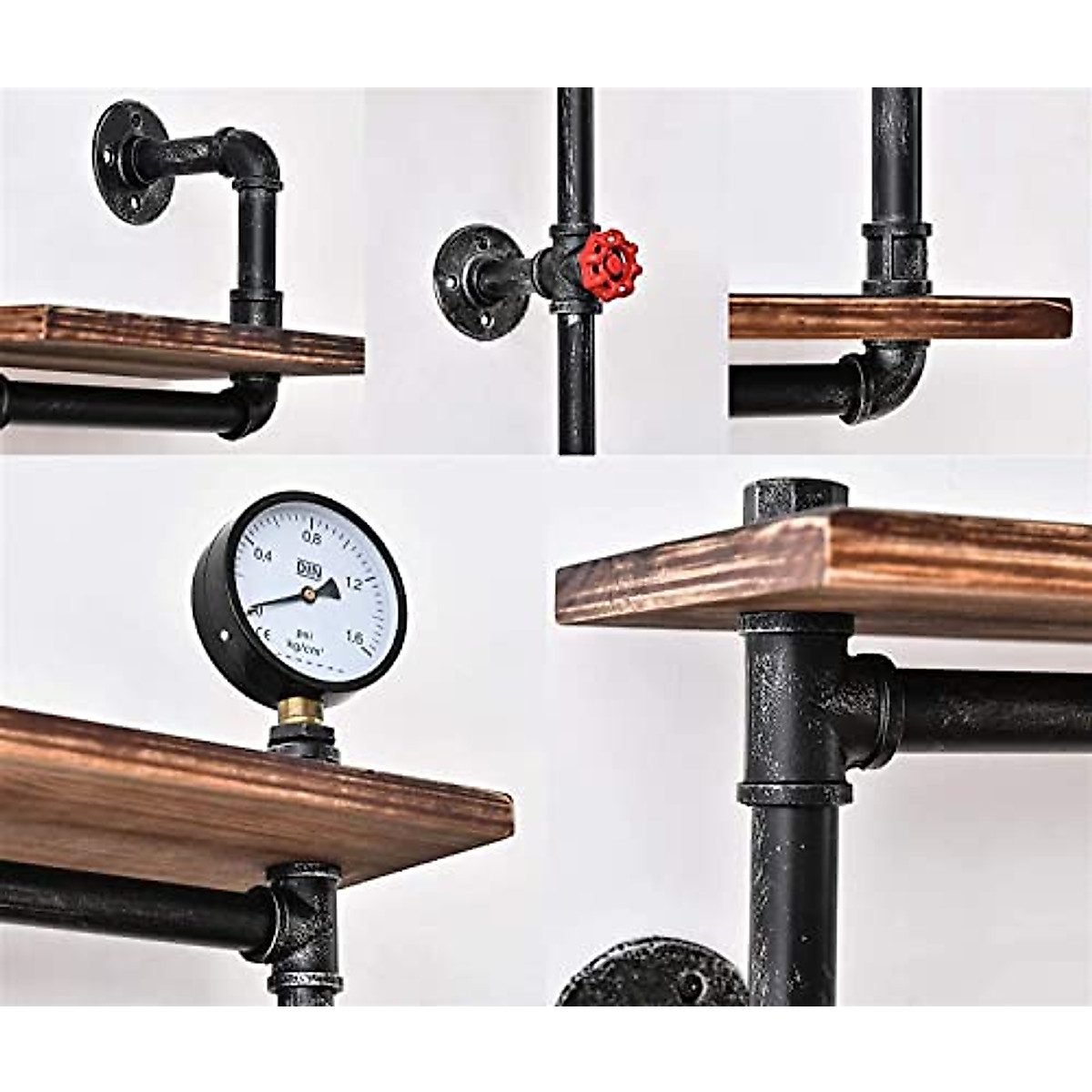 BOSURU Industrial Floating Pipe Wall Shelves Rustic Wood Shelving 4 Layer Ladder Hanging Bookshelf for Bedroom Office Decor