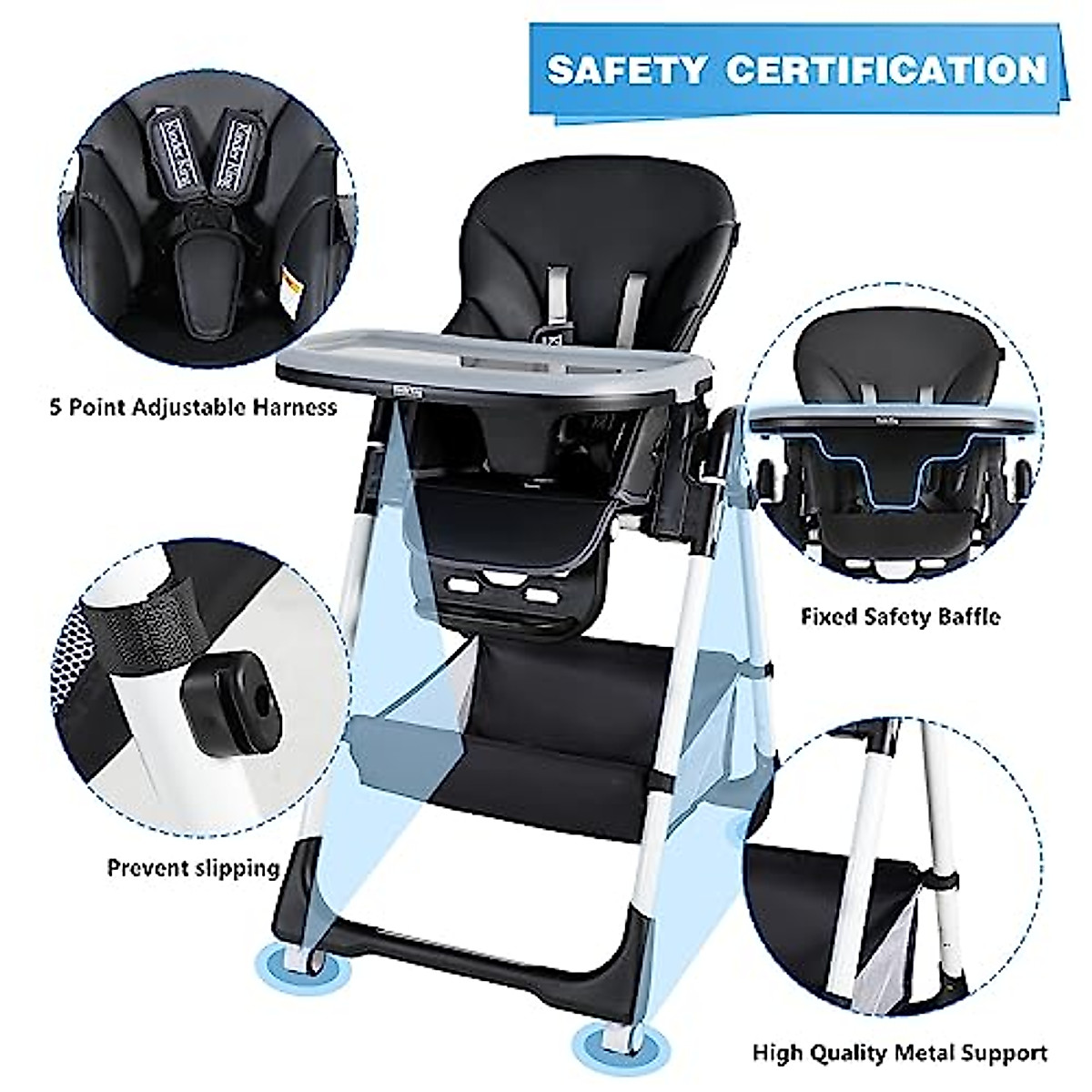 Kinder King High Chair for Babies & Toddlers, Simple Fold Highchair w/Large Storage Basket, Adjustable Height, Recline & Footrest, Detachable Double Trays, 4 Lockable Wheels, Easy to Clean, Black