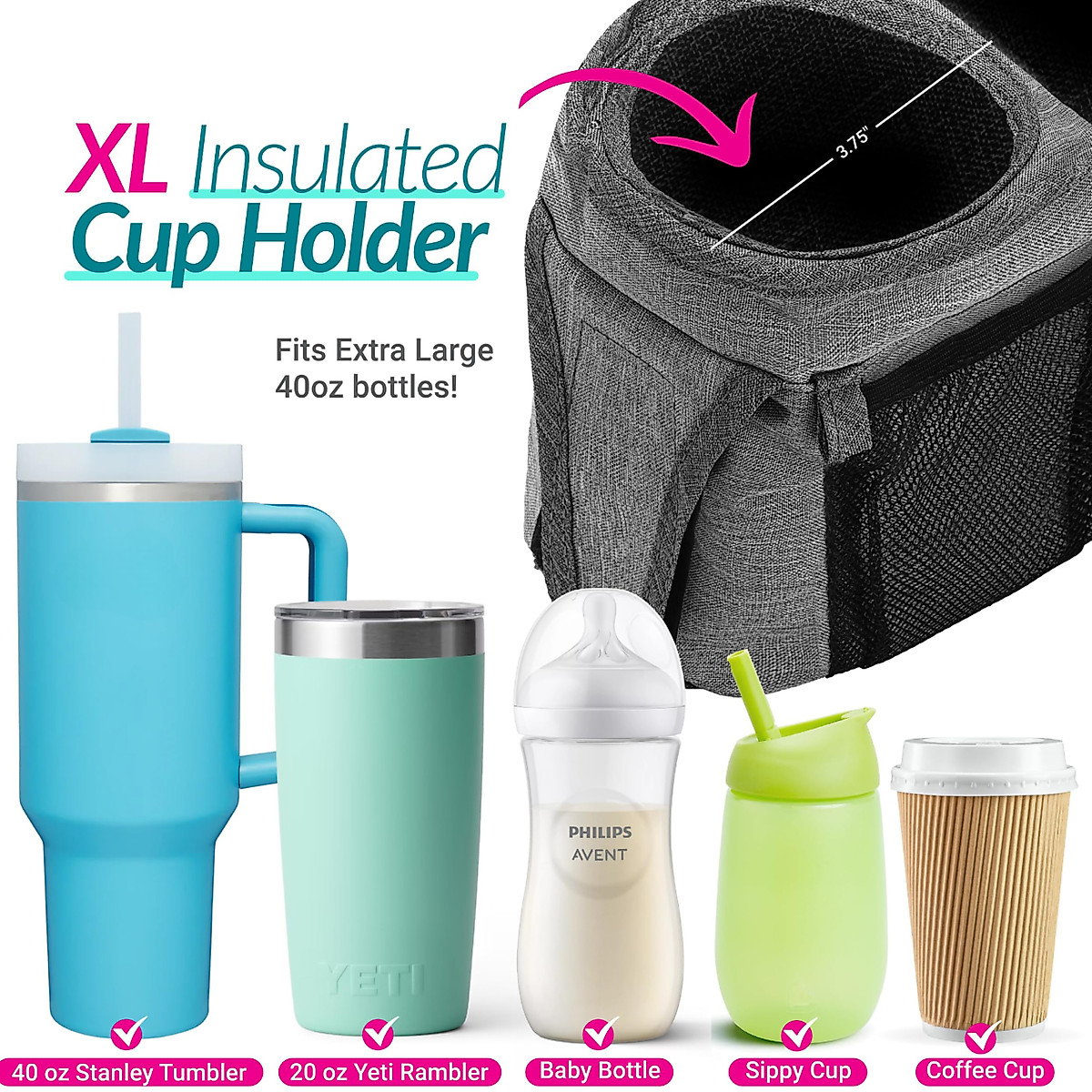 Swanoo Stroller Caddy Stroller Organizer With Cup Holder, Non Slip Straps Stroller Bag for Phone, Pet Stroller Accessories, Universal Fits Uppababby Vista v2 Wonderfold Wagon, Doona and More