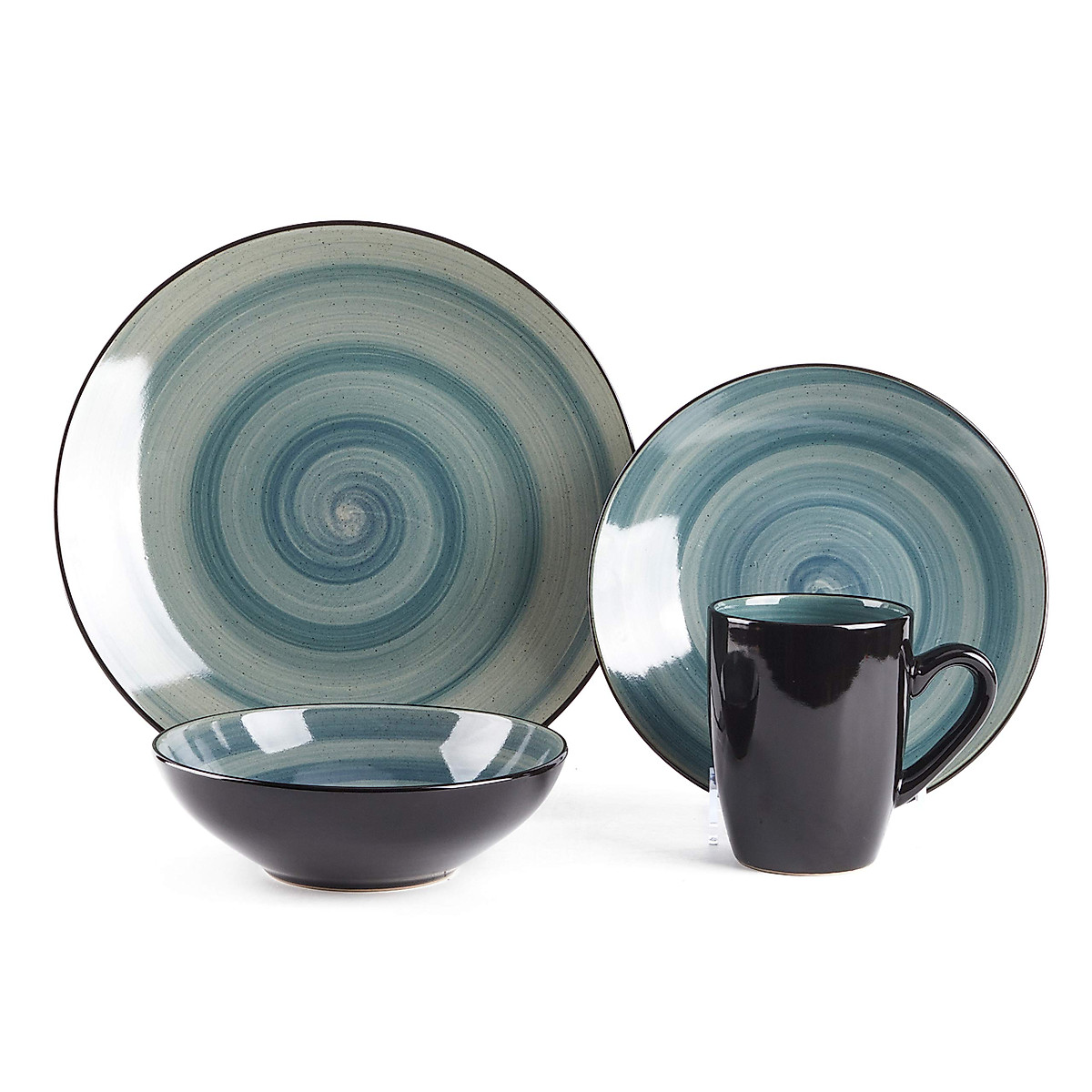 HomeVss, Stoneware Sonoma 16pc Dinnerware Set, Black + Speckled Spin Wash Blue