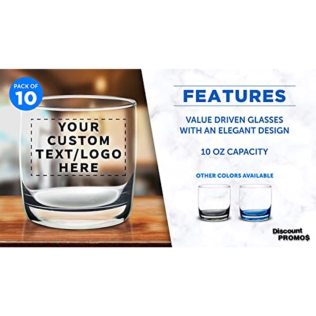 Custom Whiskey Glasses 10 oz Set of 10, Personalized Bulk Pack - Heavy Base Old Fashioned Glass, Perfect for Scotch, Bourbon, Whiskey, Cocktail - Clear