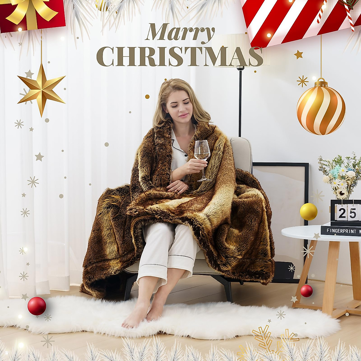 HOMFINE Luxury Faux Fur Blanket - Super Thick Warm Long Fluff Fuzzy Throw Blanket for Bed, Sofa, Couch, Home Decor with Soft Cozy Plush Velvet Back, 60"x80", Deluxe Brown