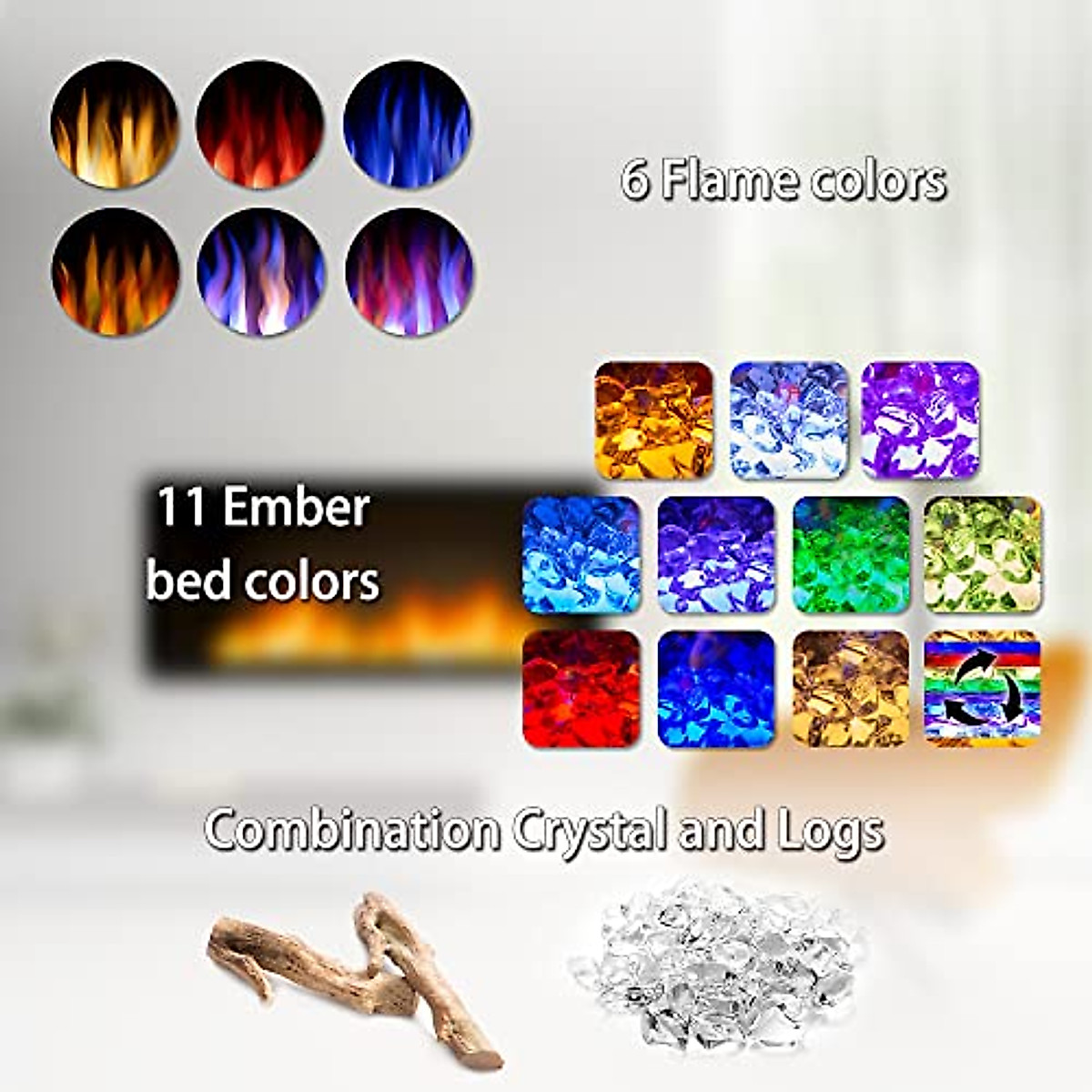 SUNNY FLAME 36 Inch Electric Fireplace Insert and Wall Mounted, Fireplace Heater, Log Set & Crystal Options, Remote Control with Timer, Adjustable Flame Color 750/1500W Heat