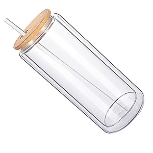 stonechic 12 Pack Double Wall Pre Drilled Snow Globe Can Shaped Beer Glass Cute Tumbler Cup with Bamboo Lid & Glass Straws for Snow Globe Glitter DIY 16oz