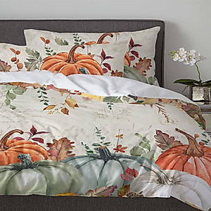 Boanket 3 Pieces Bedding Set California King Size, Green Orange White Fall Soft Duvet Cover Set Comforter Cover Set with Zipper Closure&Corner Ties All-Season Bedding Set Pumpkins Leaf Thanksgiving