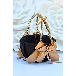 Flower Girl Basket and Ring Bearer Pillow Set Black Gold Wedding Basket Gold Ring Pillow Wedding Ring Pillow Gold Pearl Handle Baske (Black as Picture, 2 Baskets)