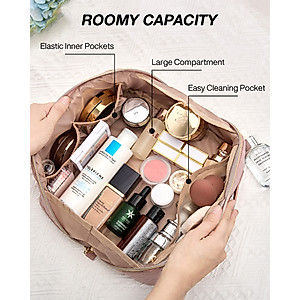 BAGSMART Travel Makeup Bag - Water-Resistant Portable Cosmetic Pouch, Flat Open Organizer for Toiletries and Brushes, Pink