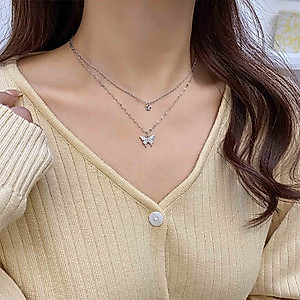 Allereyae Vintage Layered Crystal Butterfly Necklace Rhinestone Butterfly Pendant Necklace Double Butterfly Choker Necklace Silver Lace Chain Necklace Jewelry for Women