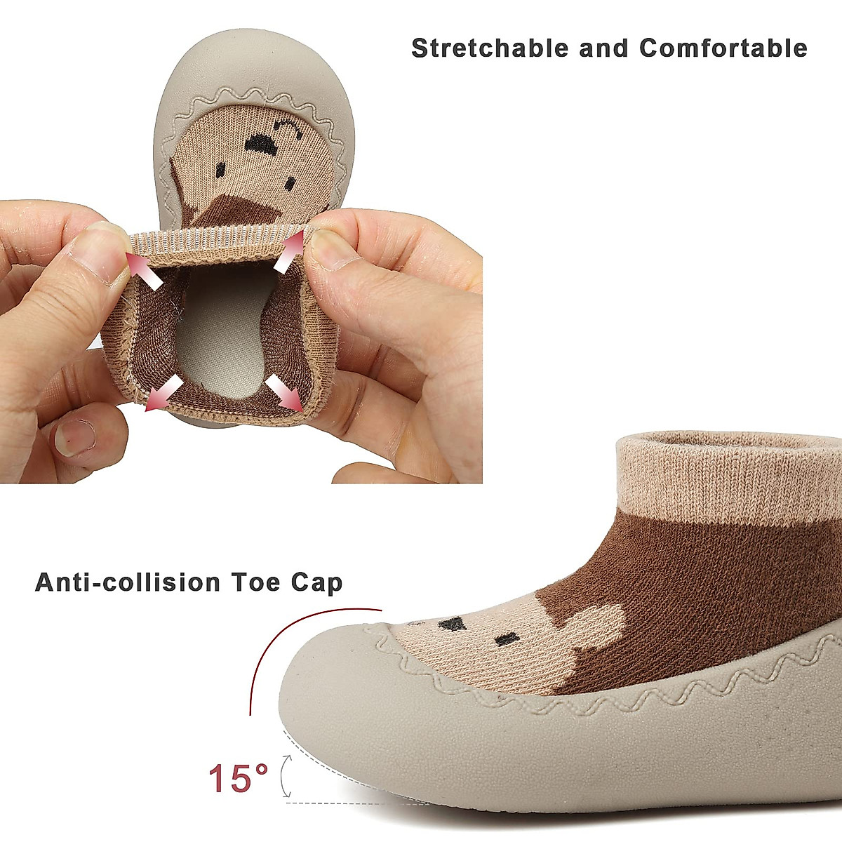 Baby Sock Shoes Toddler Cartoon Soft Rubber Sole Non Slip Indoor Floor Slipper for Infant Boys Girls First Walking Trainers Shoe Brown Bear 22