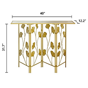 40 Inch Gold Console Table, Sofa Table, Modern Entryway Table, Tempered Glass Shelf with Ginkgo Leaves Decorative for Entryway Living Room Bedroom