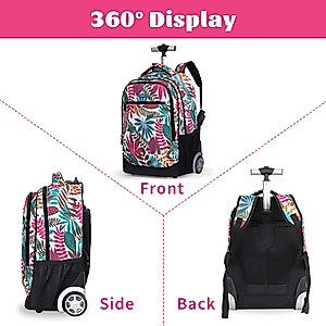 2022 Rolling Backpack for Kids Adults, 18" Waterproof Backpack with Wheels for Girls Boys, Roller Bookbags for School Travel, Age 7+, White Flower