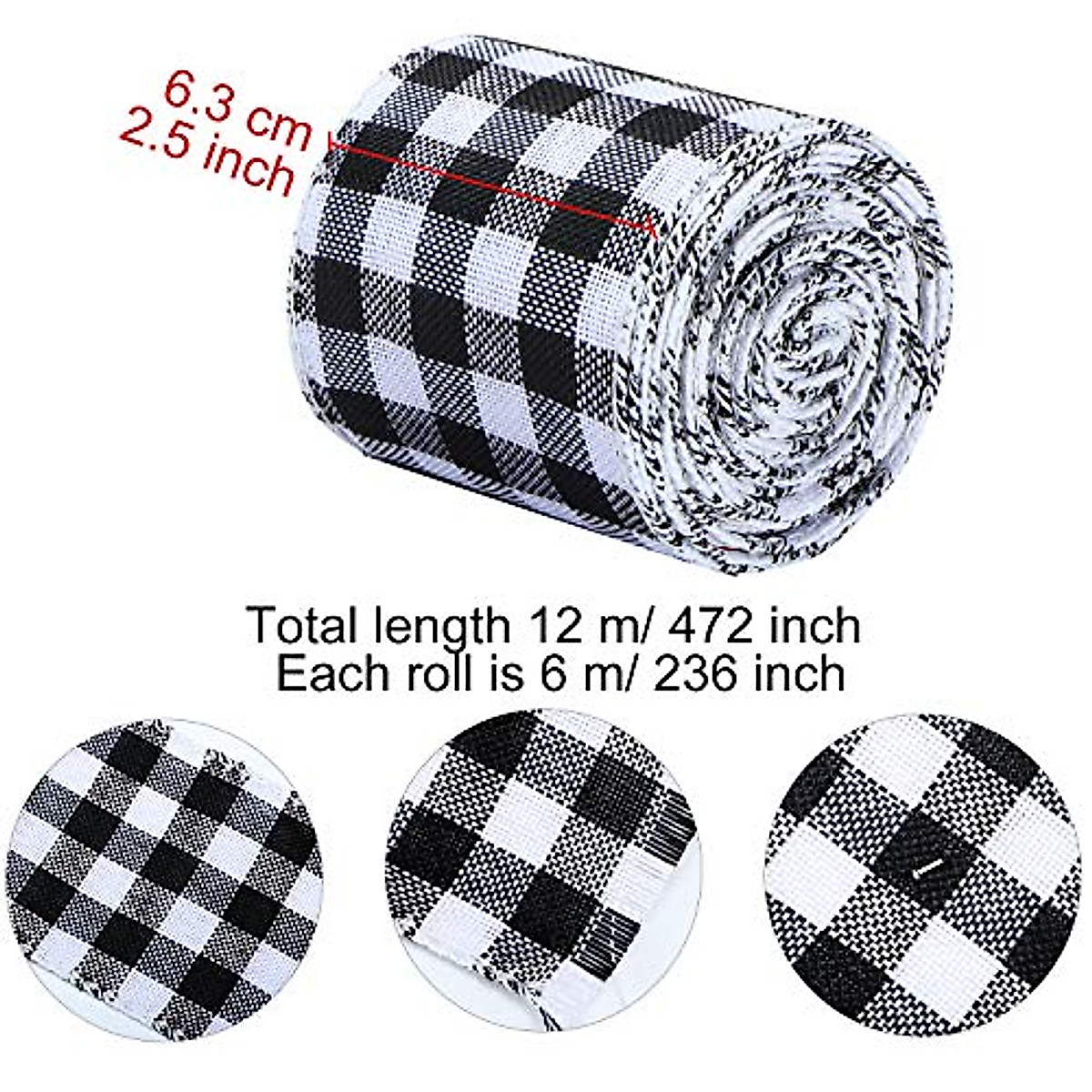 2 Rolls Wired Edge Ribbons Buffalo Plaid Burlap Ribbon Farmhouse DIY Gift Wrapping Crafts for Christmas Bow Wreath Tree Decoration (White Black Plaid, 2.5 Inch Wide, 472 Inch)