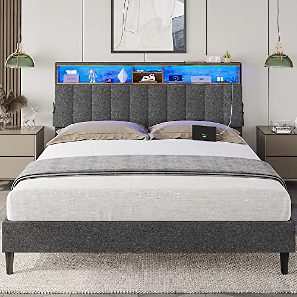 ADORNEVE Queen LED Bed Frame with Outlet and USB Ports, Queen Bed Frame with Storage Headboard, Modern Platform Bed with Storage & LED Lights, No Box Spring Needed, Easy Assembly, Dark Grey