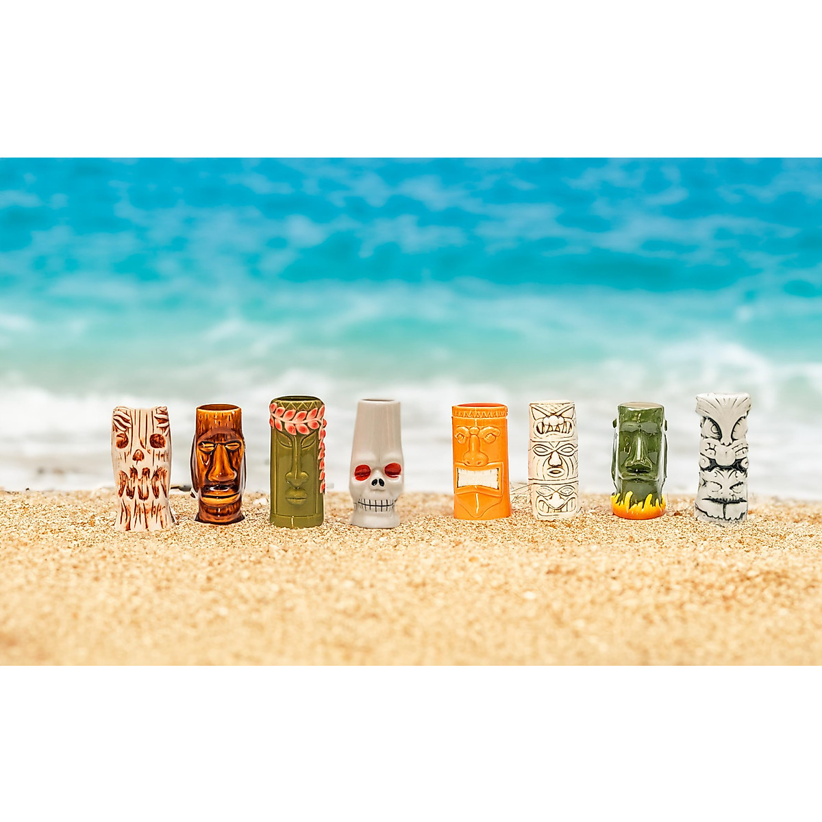 LEMONSODA Hard-Carved and Hand-Painted Tiki Mugs Assorted Cocktail Set of 8 - Ceramic Hawaiian Luau Party Mugs Drinkware, Cute Exotic Cocktail Glasses, Tiki Bar Hawaiian Party Barware - 18-23.5oz