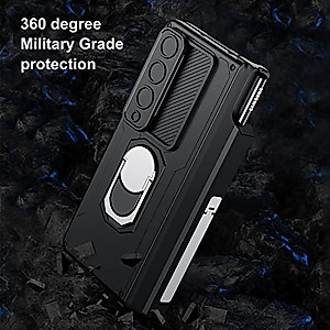 Libeagle Compatible with Samsung Galaxy Z Fold 4 Case [Heavy Duty Protective][Camera Lens Cover][S Pen Holder & Hinge Protection][Screen Protector][Safe to Hold with Ring] Rugged Stand 5G 2022-Black