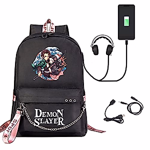 SodaMeow Anime Backpack for School Bag Nezuko Bookbag Tanjiro Kimetsu no Yaiba, Free Keychain, with USB Charging Port (Black-B)