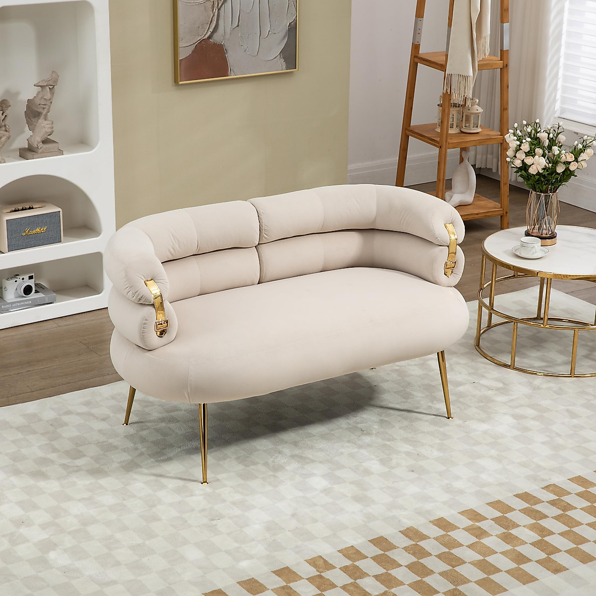Loveseat Sofa Small Velvet Couch with Gold Metal Feet Modern Mini Settee Loveseat with Curved Back Comfy Accent Upholstered Cloud Sofa for Bedroom Small Spaces, 50'' Beige