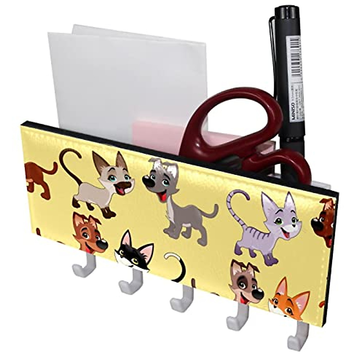 Coat Rack Wall Mounted, 5 Rail Wall Decorative Hooks Hanging for Clothes Hat Towel Purse Key, 7 Inches, 4.4lbs(Max), Yellow Dog Cat