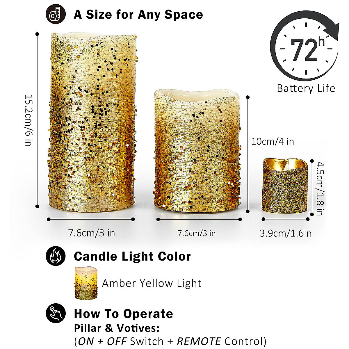 FURORA LIGHTING Gold Glitter Real Wax Candles with Remote and Timer, 4 Pillars and 4 Votives Pack of 8, LED Flameless Flickering Candles for Home Décor, Battery Included