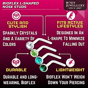 bodyjewellery 4pcs 20g 0.8mm Nose Studs L Shaped Flexible Acrylic Nostril Screw Rings Piercing 2.5mm Crystal BOAP CR BZ PE ER