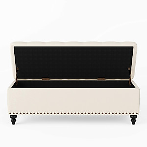 HUIMO Ottoman with Storage, 51-inch Storage Ottoman Bench with Button-Tufted, Bedroom Bench Safety Hinge Ottoman in Upholstered Fabrics, Large Storage Bench for Bedroom, Living Room (Ivory-Rivet)