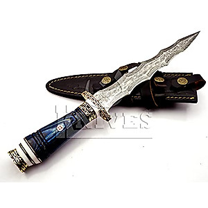 NoonKnives: custom Hand Made Damascus Steel Collectible wavy dagger Knife (blue)
